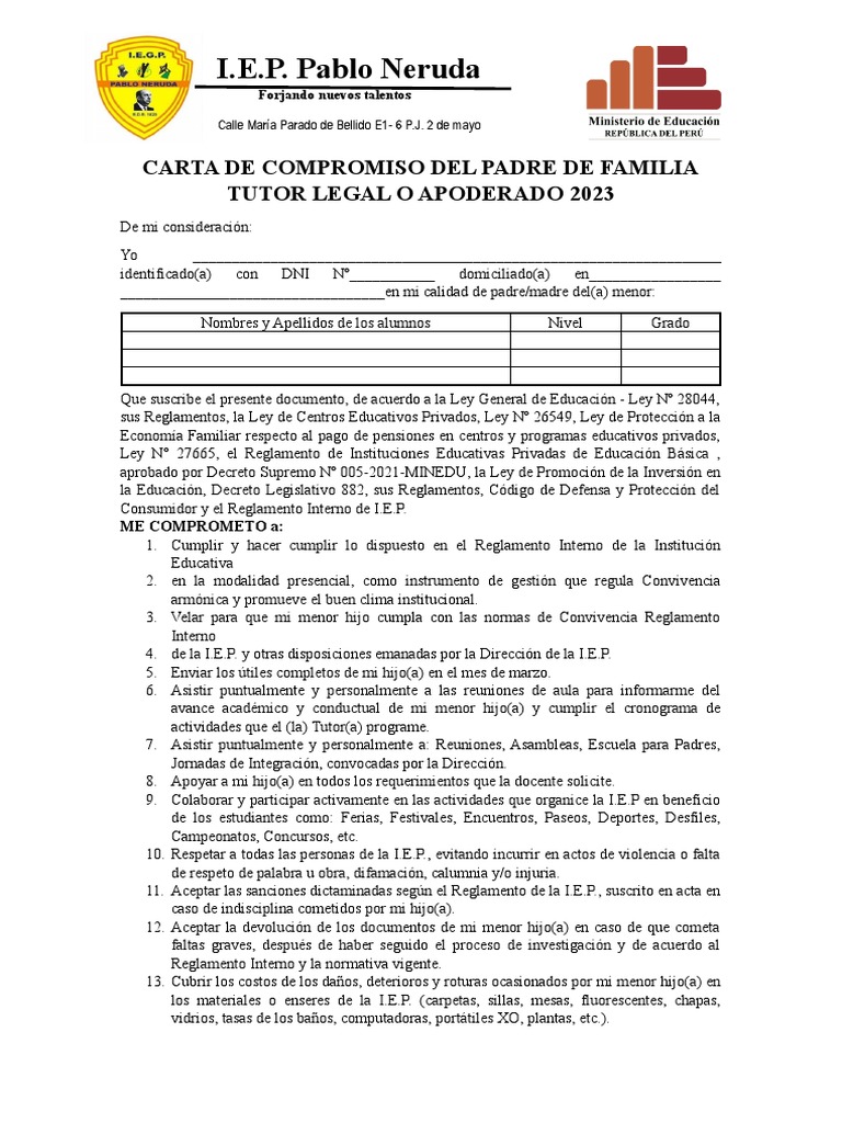 Carta de Compromiso Del Padre de Familia Tutor Legal o Apoderado 2023 | PDF | Educación primaria ...