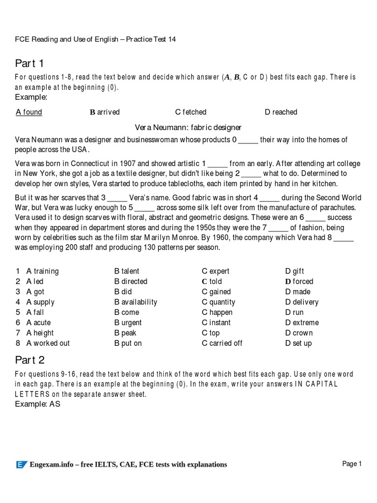 FCE Reading and Use of English - Practice Test 14 | PDF | Perfect ...