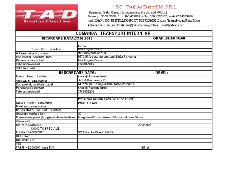 Comanda Transport Intern - Total As Direct | PDF