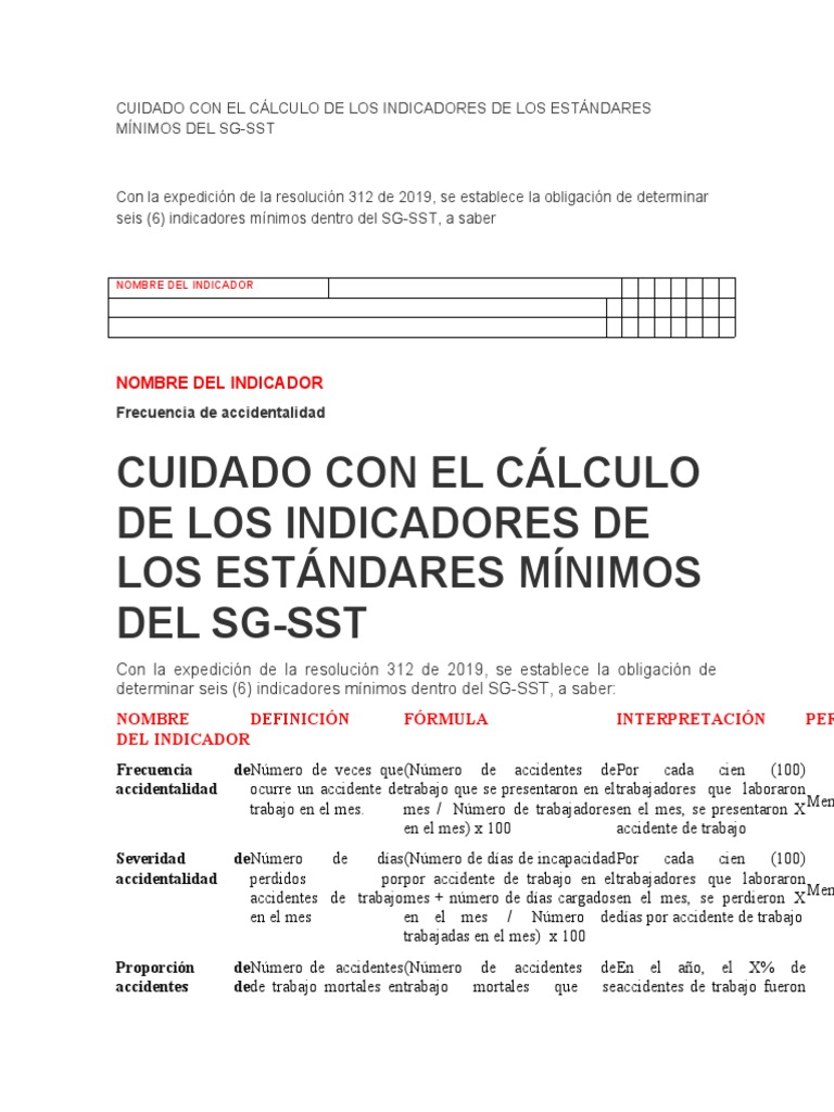 Indicadores Mínimos SG-SST 312 de 2019 | PDF | Epidemiología | Medicina ...