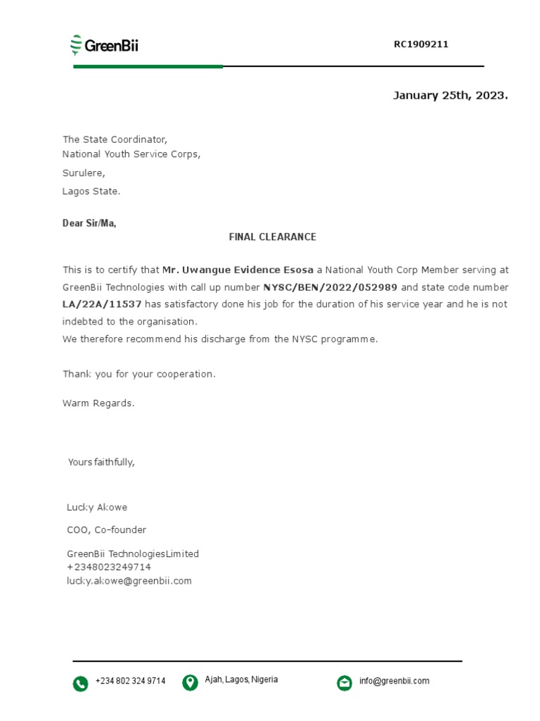 NYSC Final Clearance Letter Sample | PDF