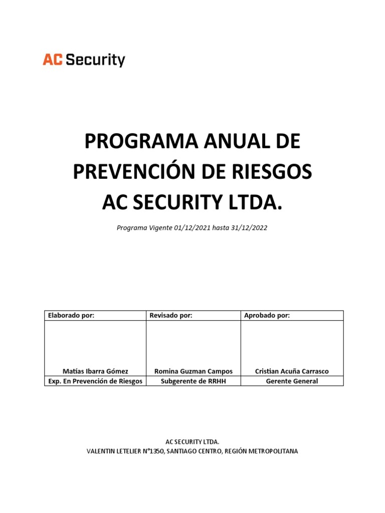 Programa Anual de Prevención de Riesgos Ac Security Ltda Propuesta | PDF | Riesgo | Seguridad y ...