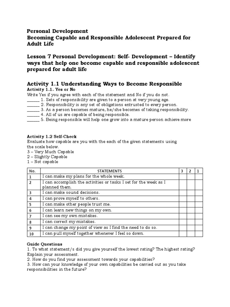 Activity 1.1. Yes or No - 2. Responsibility Is Any Set of Obligations ...