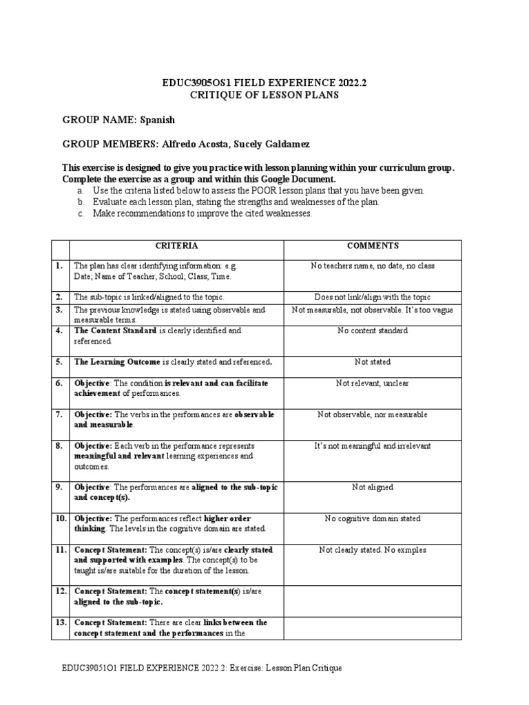 Critique Lesson Plan Exercise | PDF
