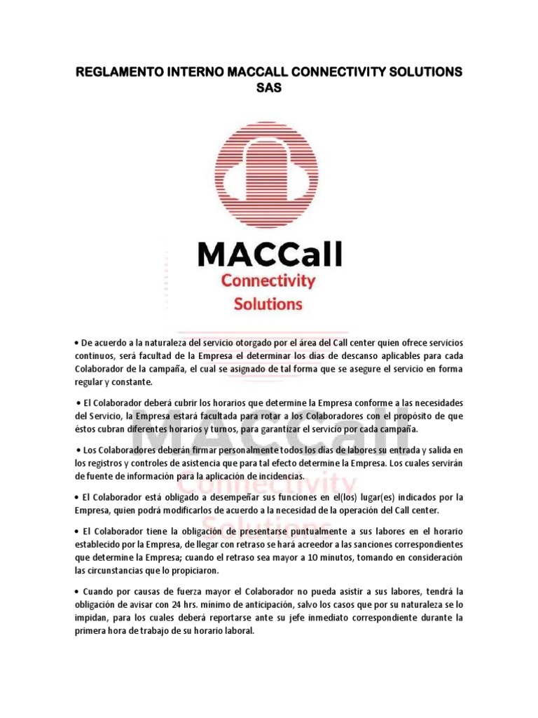 Reglamento Interno Maccall Connectiviy Solutions. | PDF | Crecimiento ...