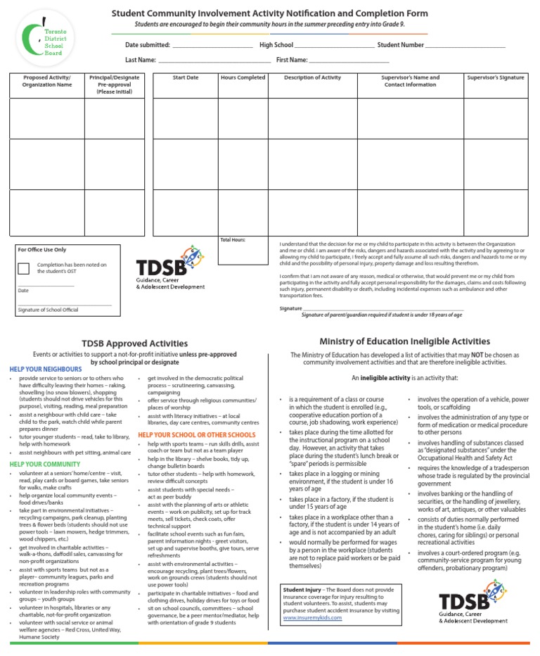 Community Volunteer Hours Involvement Form TDSB | PDF