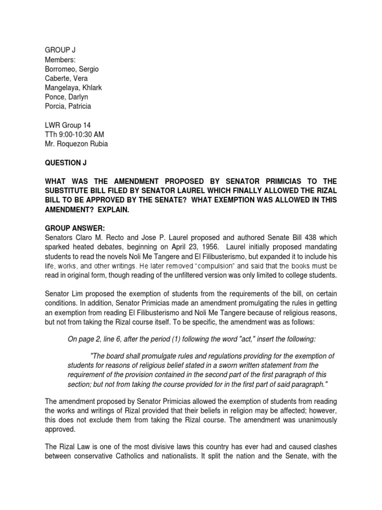 Question J Rizal Law Final | PDF