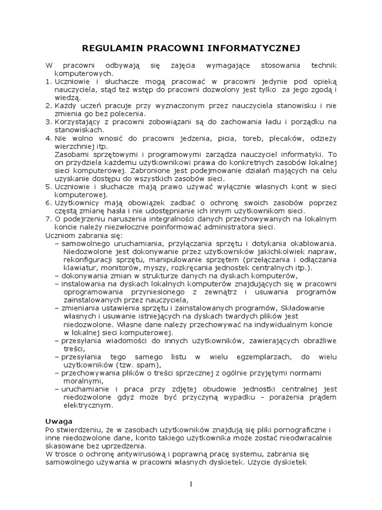 Regulamin Pracowni Informatycznej | PDF