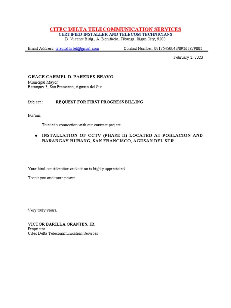 1st Progress Billing Request CITEC | PDF