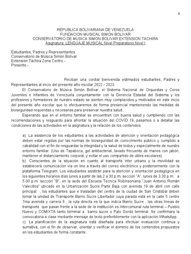 Bienvenida 2022 2023 LMCMSB Preparatorio I Ext - Tachira | PDF