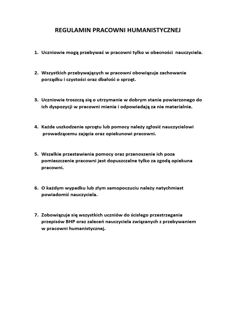 Regulamin Pracowni Humanistycznej | PDF