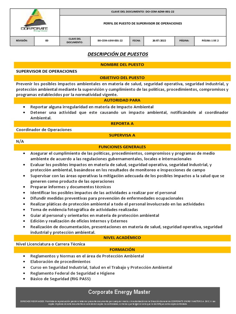 Perfíl de Puesto SUPERVISOR DE OPERACIONES | PDF