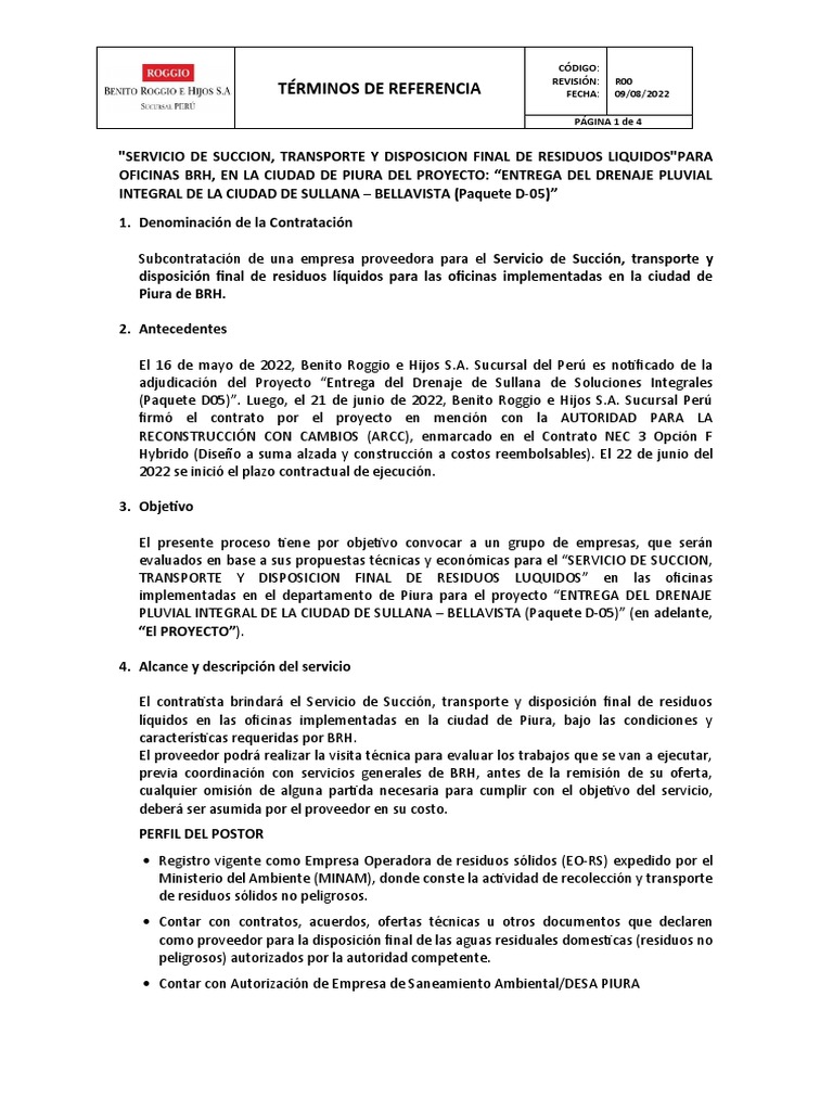 TDR - Succion y Traslado Aguas Residuales (Rev.1) | PDF | Residuos