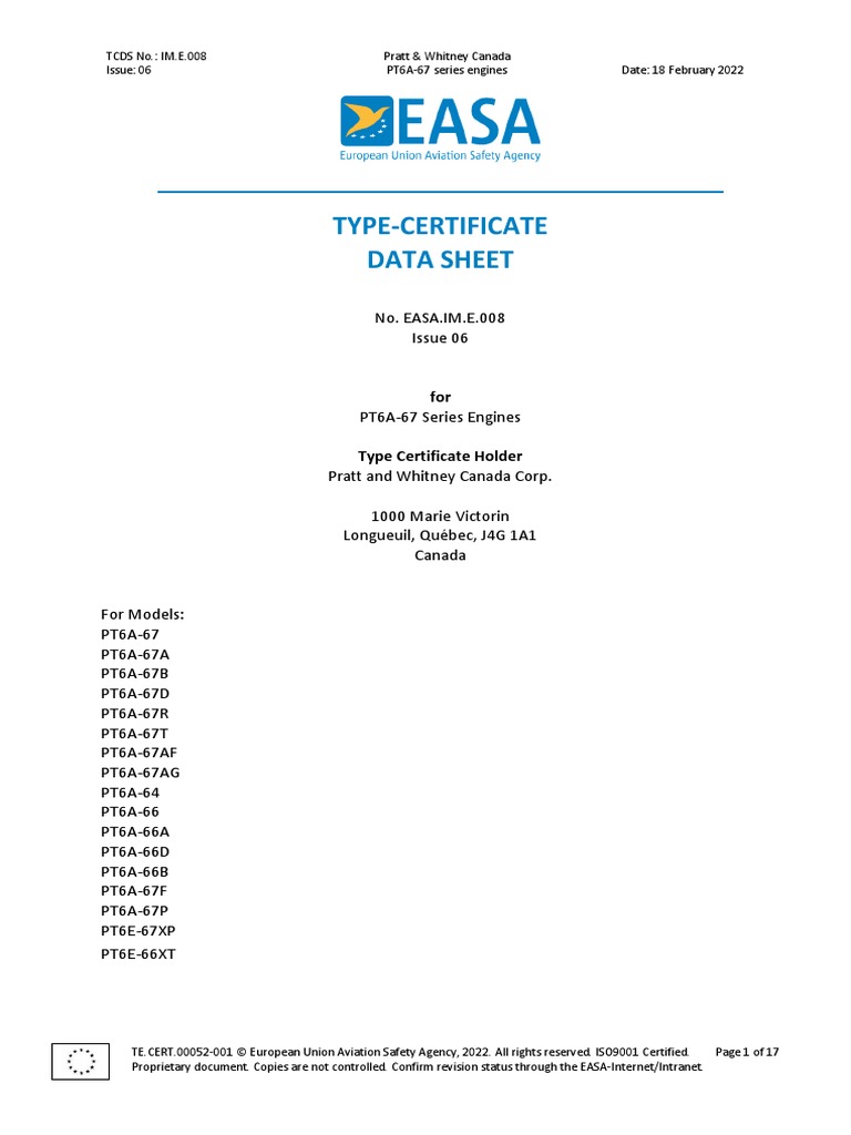 TCDS PT6A - 67 Series Issue 06 - 20220218 | PDF | Aviation | Vehicle ...