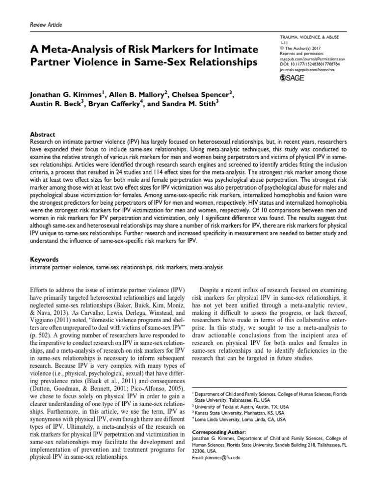 A Meta Analysis Of Risk Markers For Intimate Partner Violence In Same Sex Relationships Pdf 