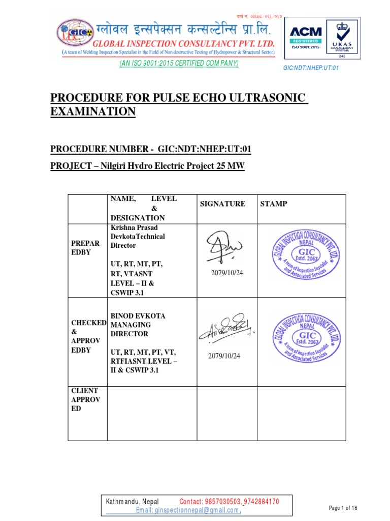 UT Procedure Nilgiri | PDF | Nondestructive Testing | Welding