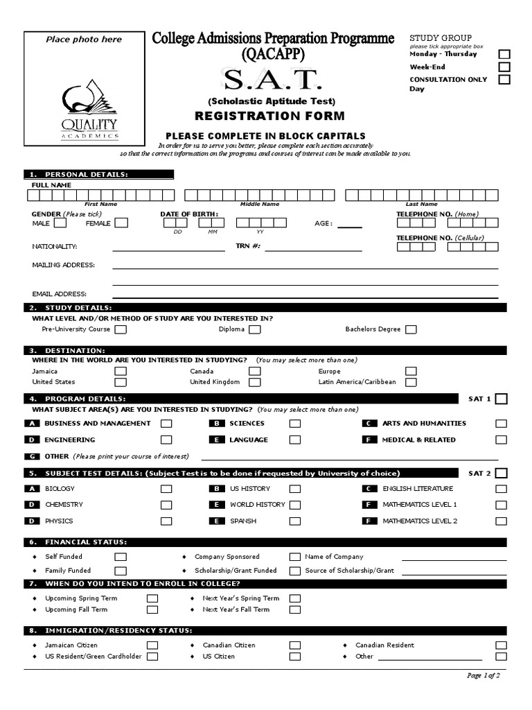 SAT and College Registration Form | PDF | Payments | Sat