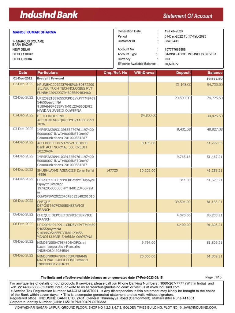 IndusInd Bank Account Statement Summary | PDF | Banks | Cheque