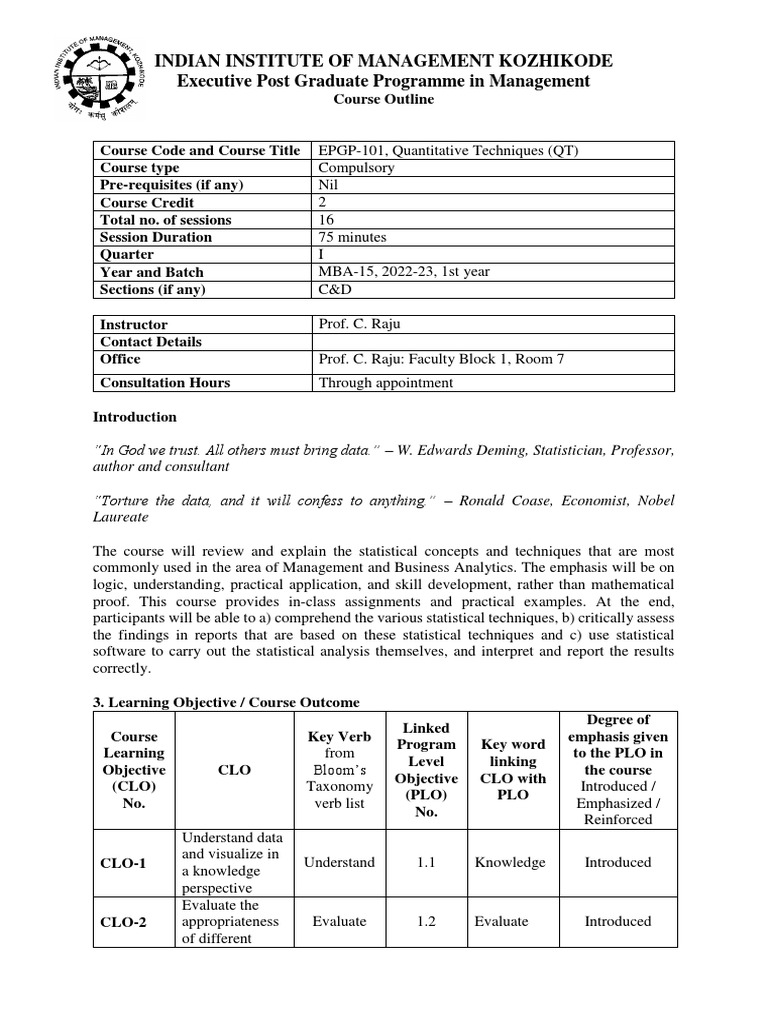 Quantitative Techniques EPGP 15 Course Outline Download Free PDF