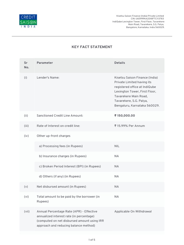 Key Fact Statement: SR No. Parameter Details | PDF | Line Of Credit | Loans