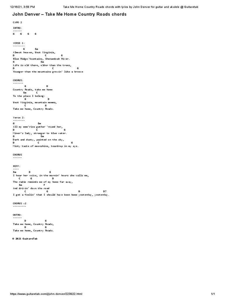 Take Me Home Country Roads Chords With Lyrics by John Denver For Guitar ...