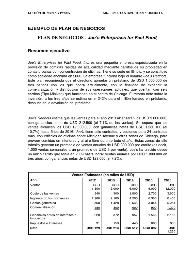Ejemplo de Plan de Negocios | PDF | Alimentos | Pequeñas y medianas ...