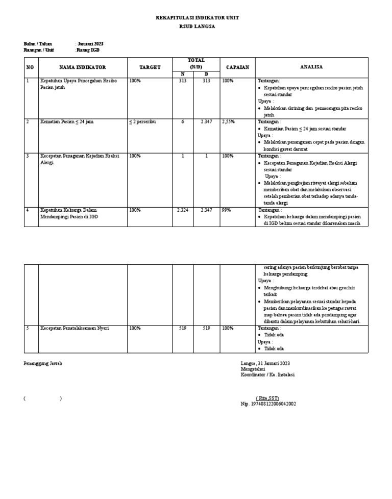 Rekapitulasi Indikator Unit Ruang Igd Januari 2023 | PDF