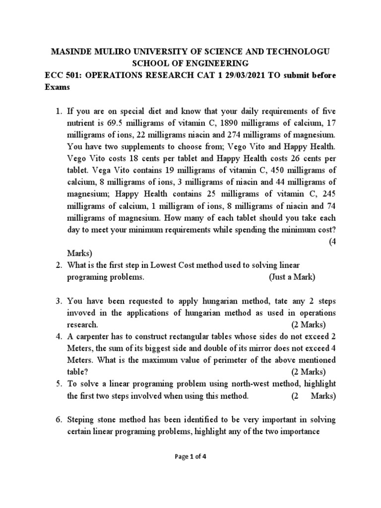 Ecc 501 Cat 1 2020 2021 | PDF | Linear Programming | Analysis
