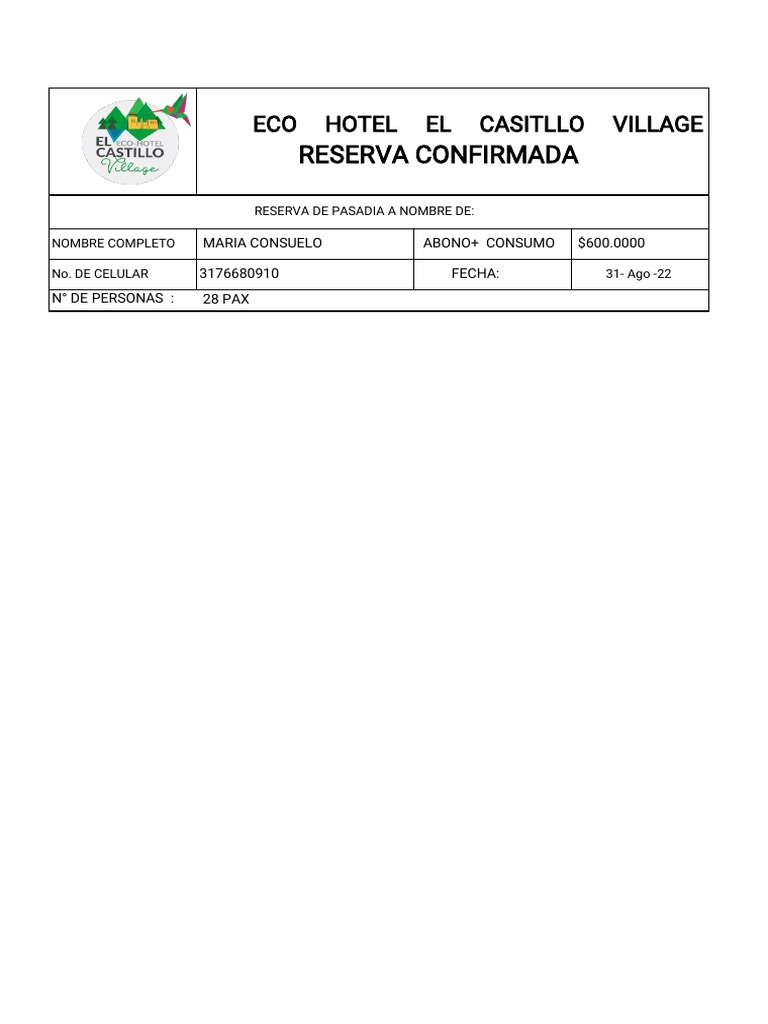 RESERVA ECOHOTEL El Castillo | PDF