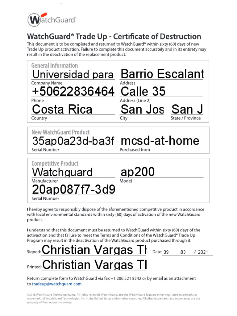 WatchGuard Trade Up - Certificate of Destruccion | PDF