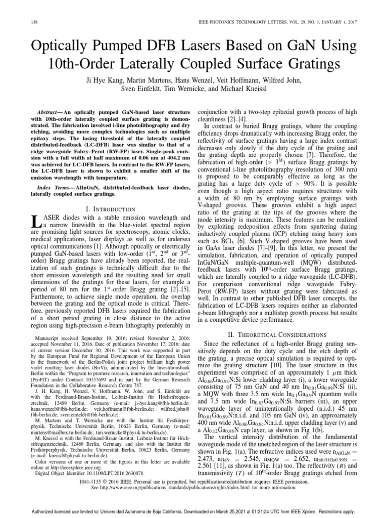 Optically Pumped DFB Lasers Based On GaN Using 10th-Order Laterally ...