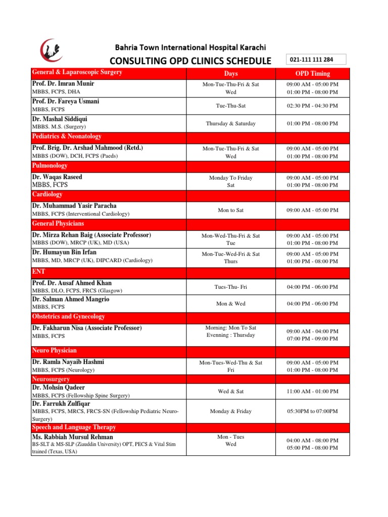 OPD Schedule: Bahria Town Hospital | PDF | Self-Improvement | Science ...