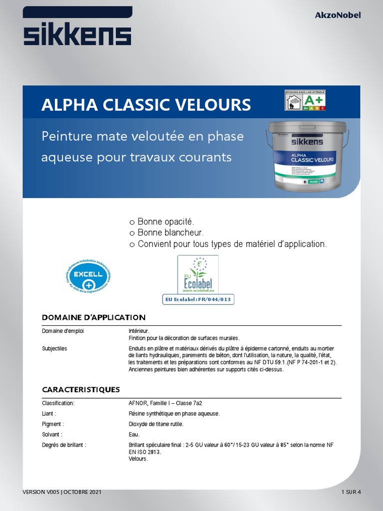 Peinture Alpha Classic Velours 15L | PDF | Peinture | Matériaux