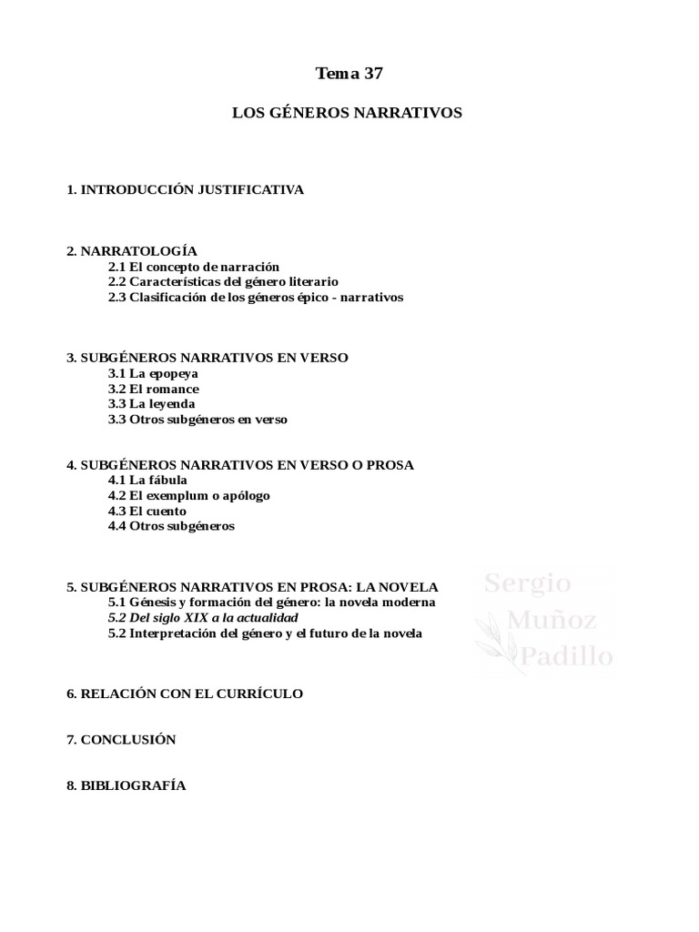 Tema 37. Los G Neros Narrativos | PDF | Novelas | Leyendas