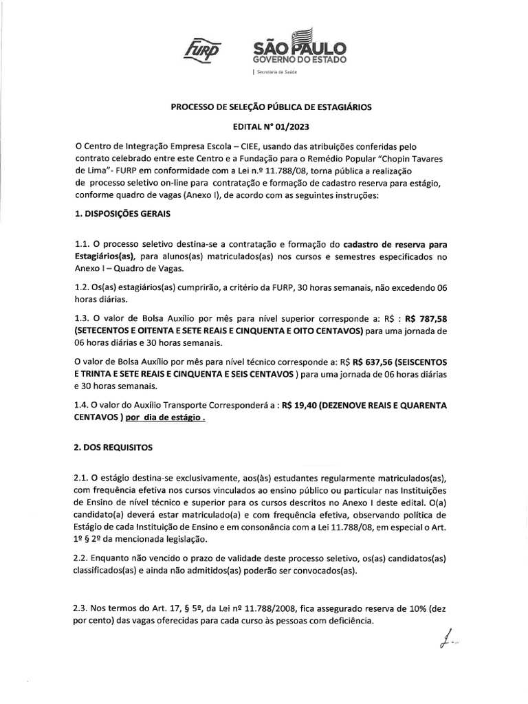 FURP - Edital 01 - 2023 | PDF