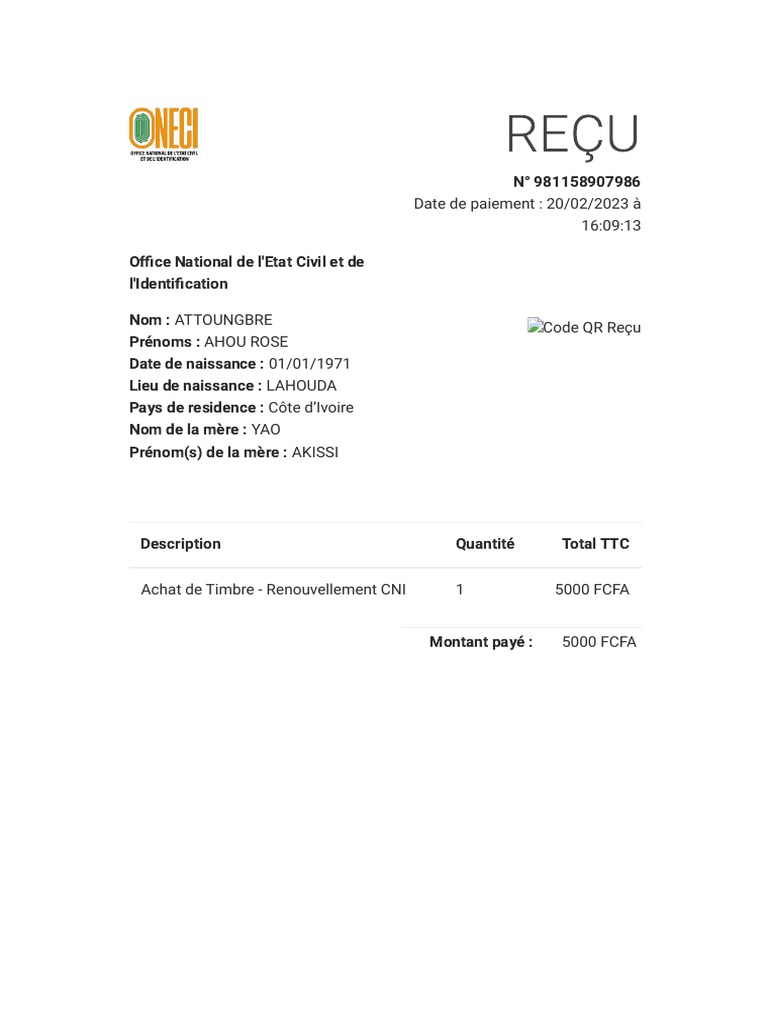 ONECI - Reçu de Paiement - 981158907986 | PDF