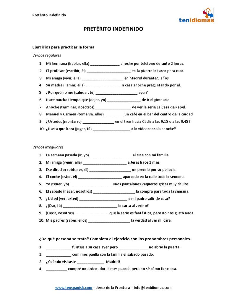 Ejercicios Pret. Indefinido Tenidiomas | PDF