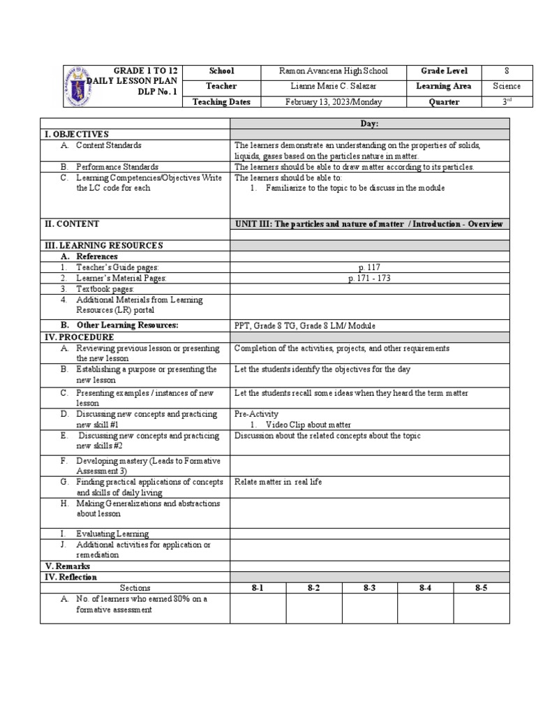 DLP Science 8 Wk1D1 3rd QTR | PDF | Learning | Communication