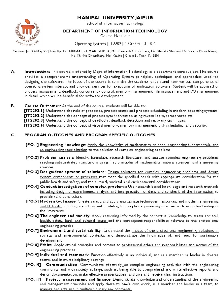 It2202 Operating Systems Handout Pdf Thread Computing Process Computing