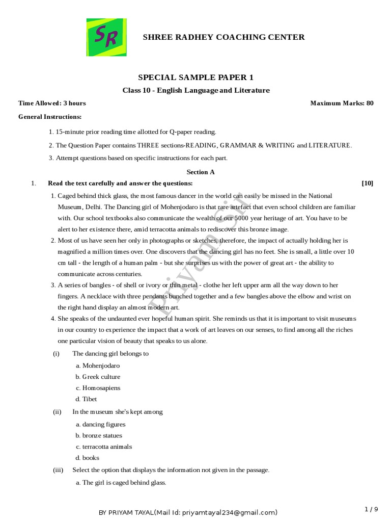 Class 10 English Sample Paper 1 | PDF | Water Scarcity | Water