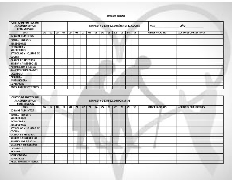 Formato de Limpieza y Desinfeccion Por Areas (Cocina) 1 | PDF