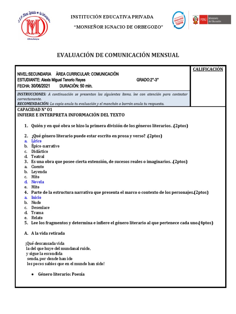 Evaluacion de Comunicacion 2 y 3 Secc - Junio | PDF