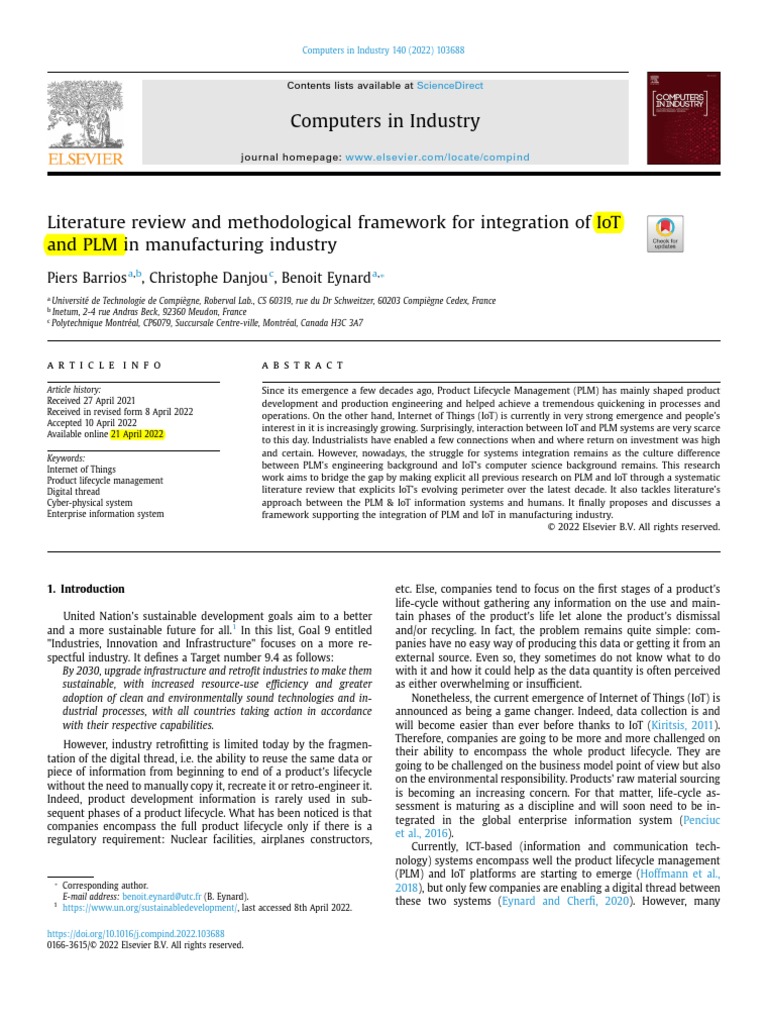 Literature Review and Methodological Framework For Integration of IoT and PLM in Industry 2022v2 ...