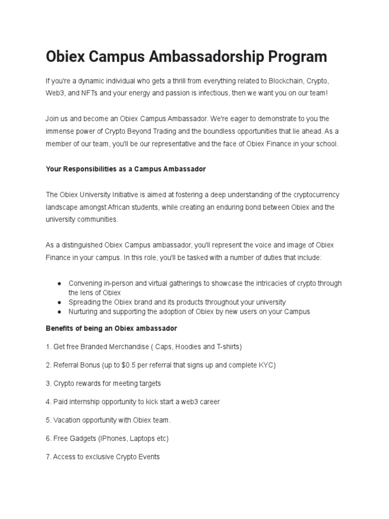 Obiex Campus Ambassadorship Program | PDF