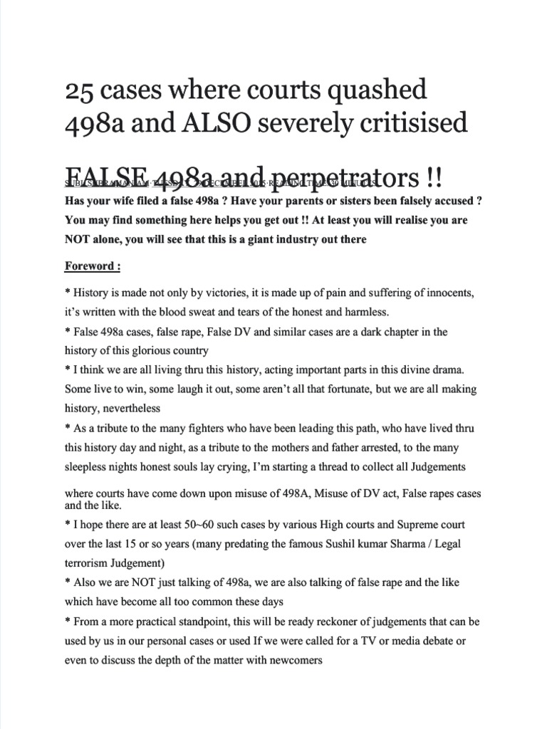 25 Cases Where Courts Quashed 498a and Also Severely Critisised False 498a DL | PDF | Bail | Divorce