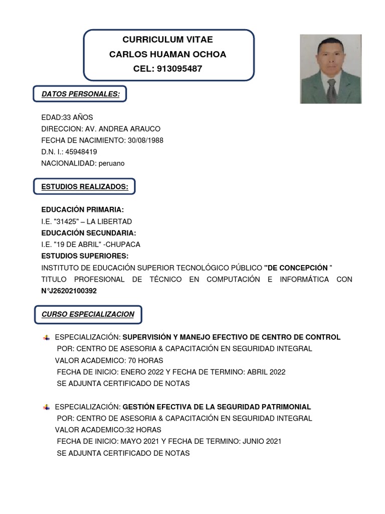 Curriculum Vitae Carlos Huaman Ochoa CEL: 913095487: Datos Personales | PDF