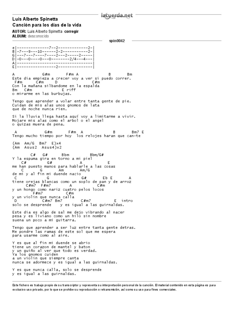 Luis Alberto Spinetta, Canción para Los Días de La Vida - Letra y ...