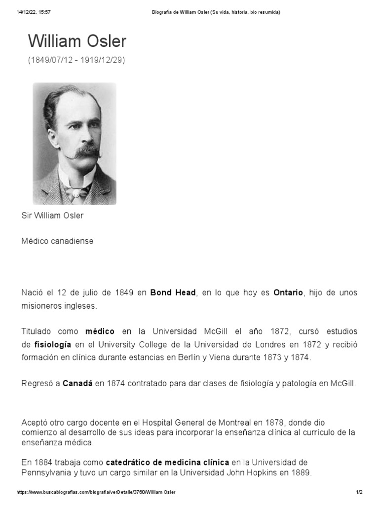 Biografía de William Osler (Su Vida, Historia, Bio Resumida) | PDF