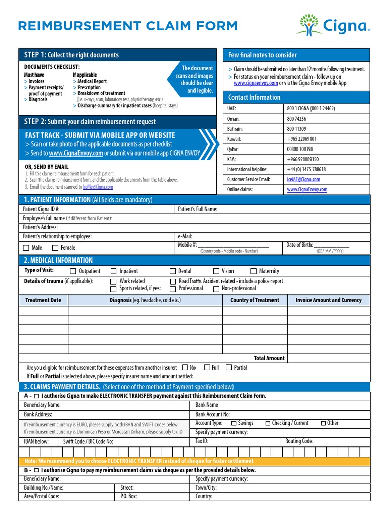 Cigna ME Reimbursement Claim Form | PDF | Cheque | Payments