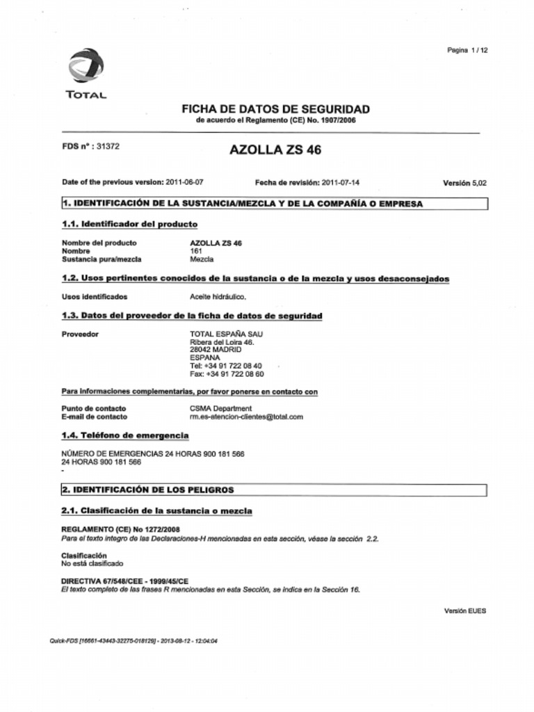 Hoja de Seguridad - Azolla ZS 46 Total | PDF